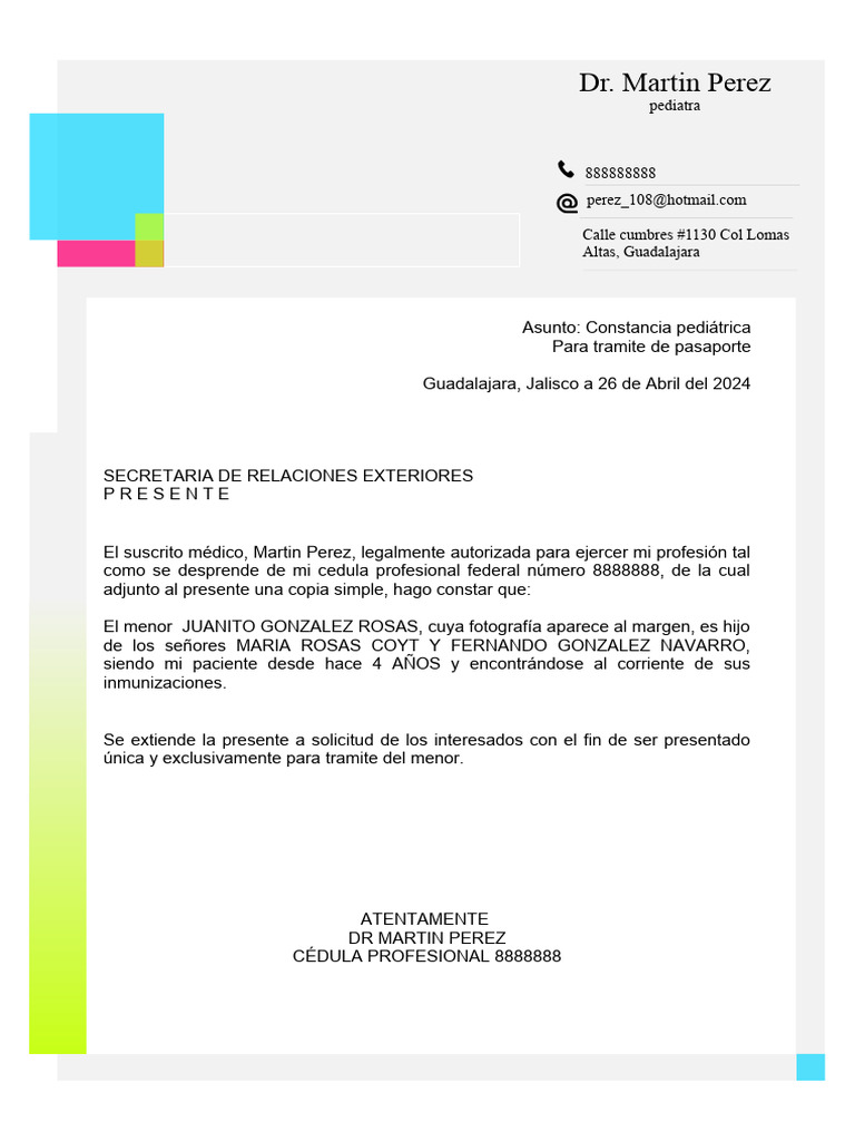 Carta Pediatrica Para Pasaporte Por Medico Pdf