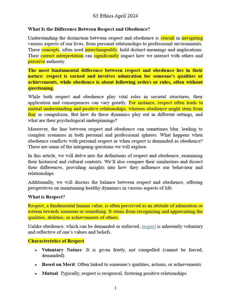 S3 One-Pager On What Is Respect April 2024 | PDF | Obedience (Human Behavior) | Psychological ...