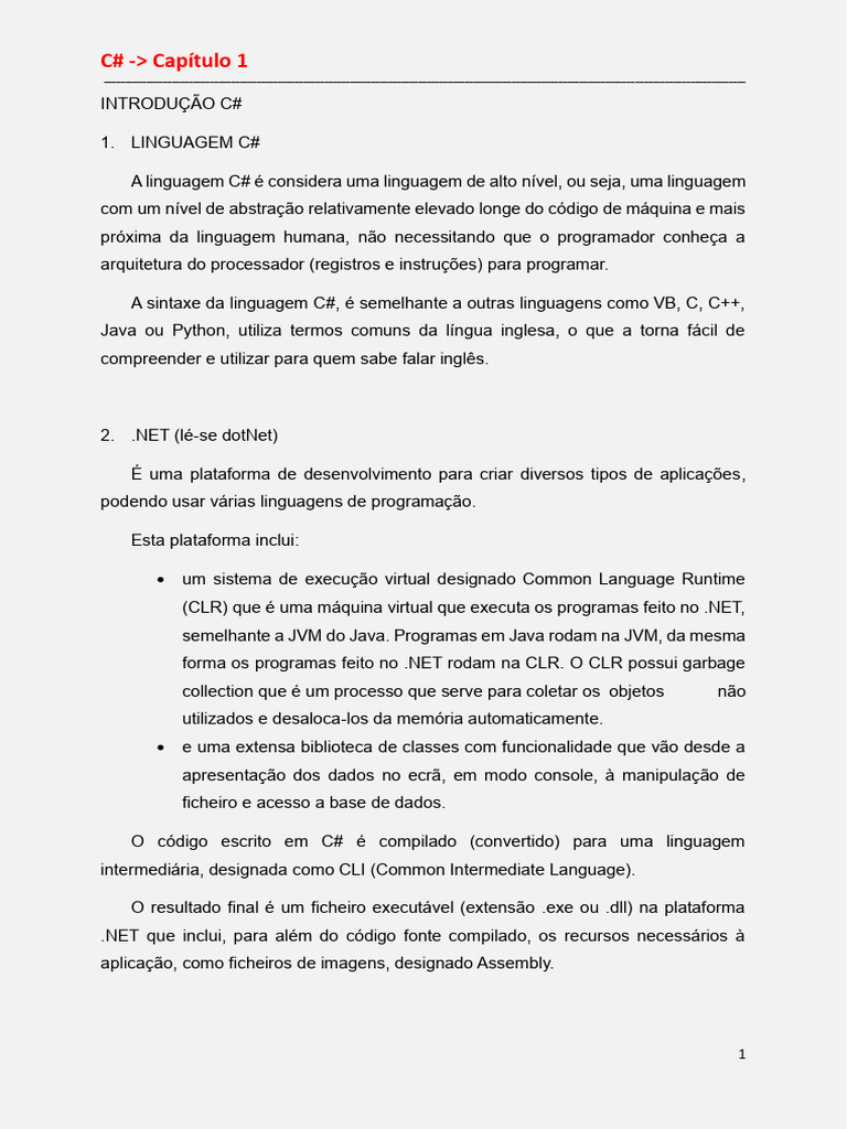 Capítulo 1 - C# - Introdução C# | Download grátis PDF | C Sharp ...