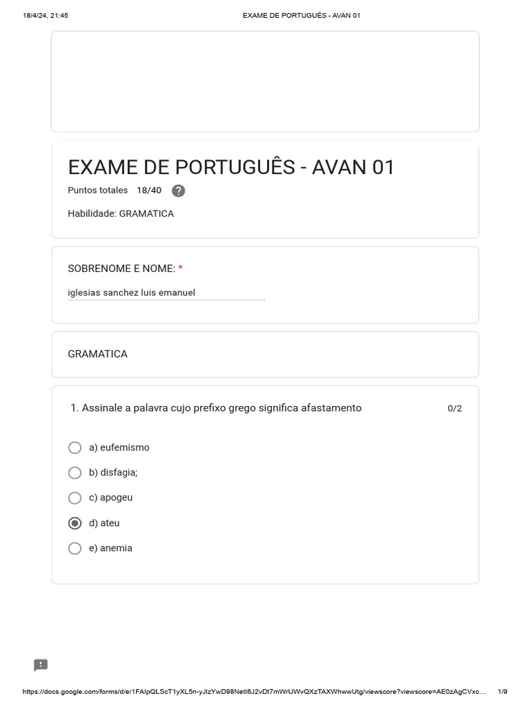 Exame de Português - Avan 01 1904 | PDF | Gramática | Sintaxe
