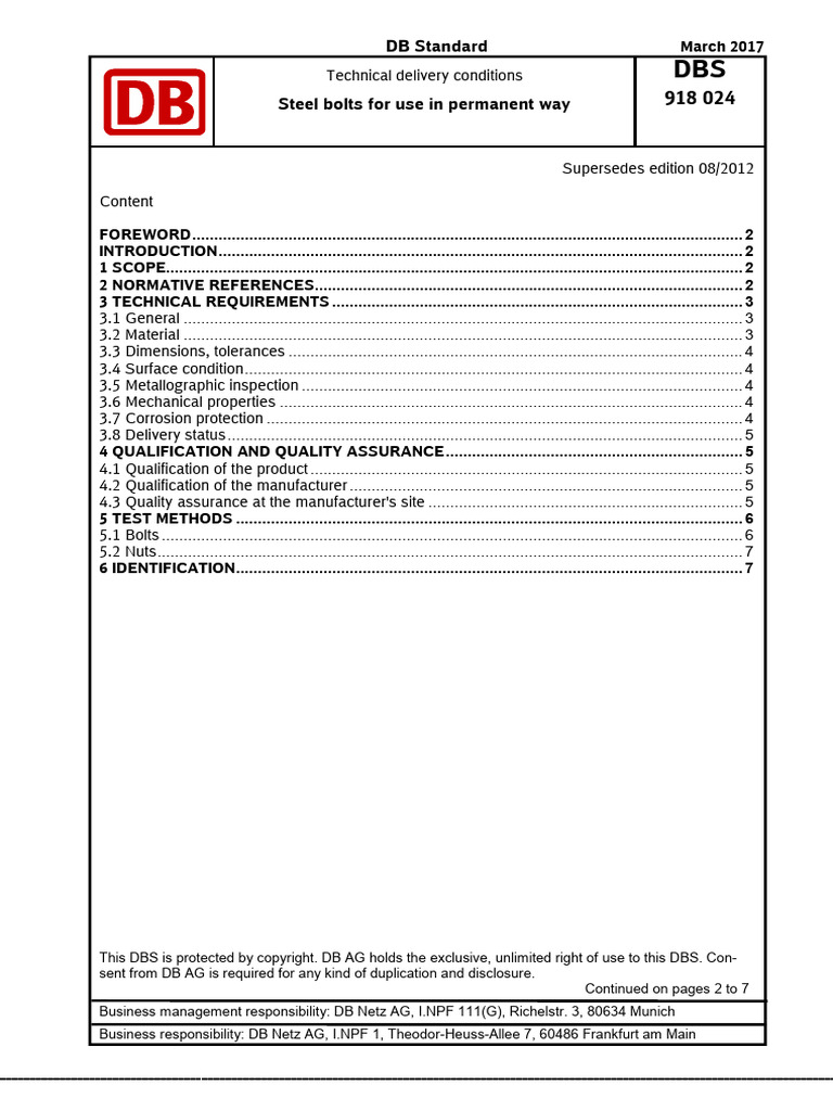 DBS 918024-2017 - Technical Delivery Conditions - Steel Bolts For Use in Permanent Way - EN ...