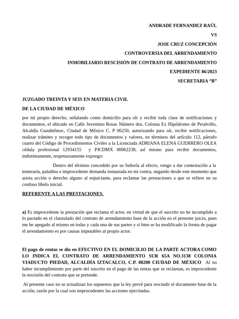 Respuesta a Demanda de Rescisión de Arrendamiento | PDF | Demanda judicial | Consentimiento