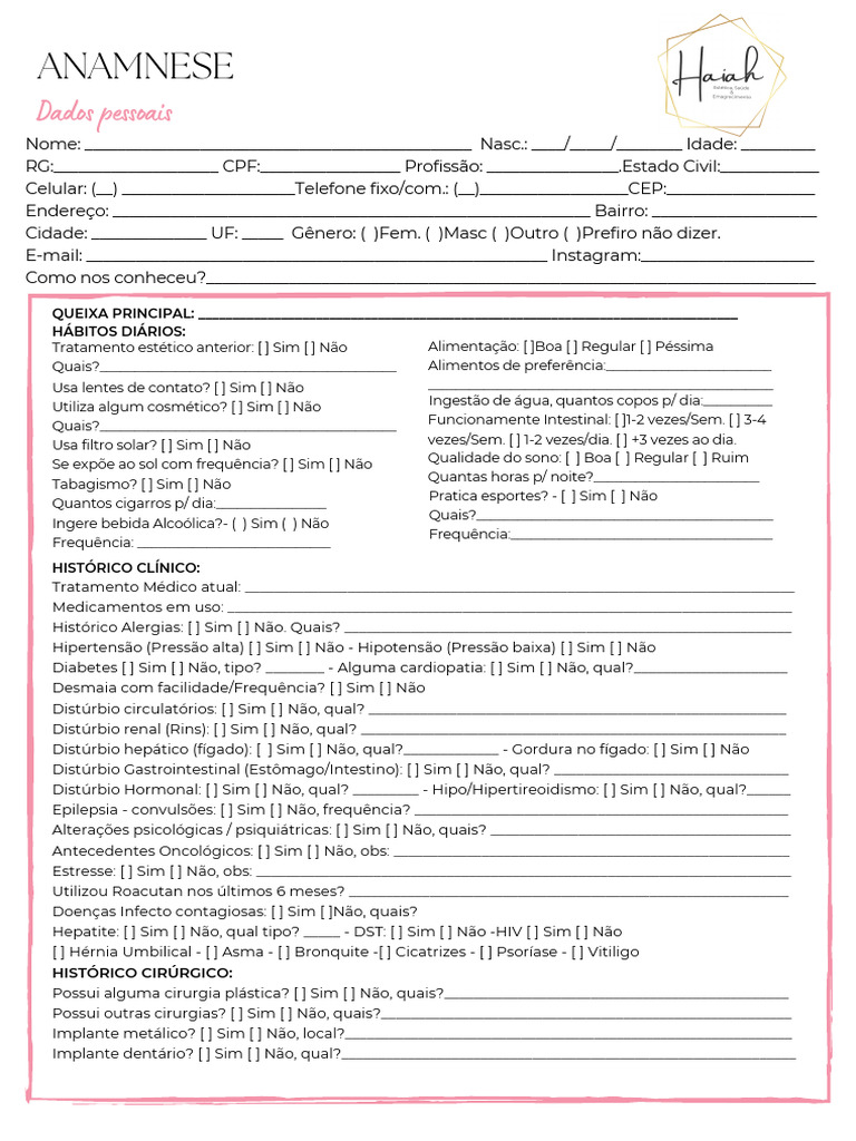 01 Ficha de Anamnese Haiah Atualizada | PDF | Especialidades médicas ...