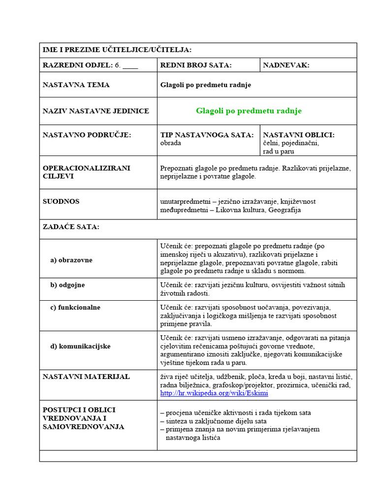 Glagoli Po Predmetu Radnje | PDF