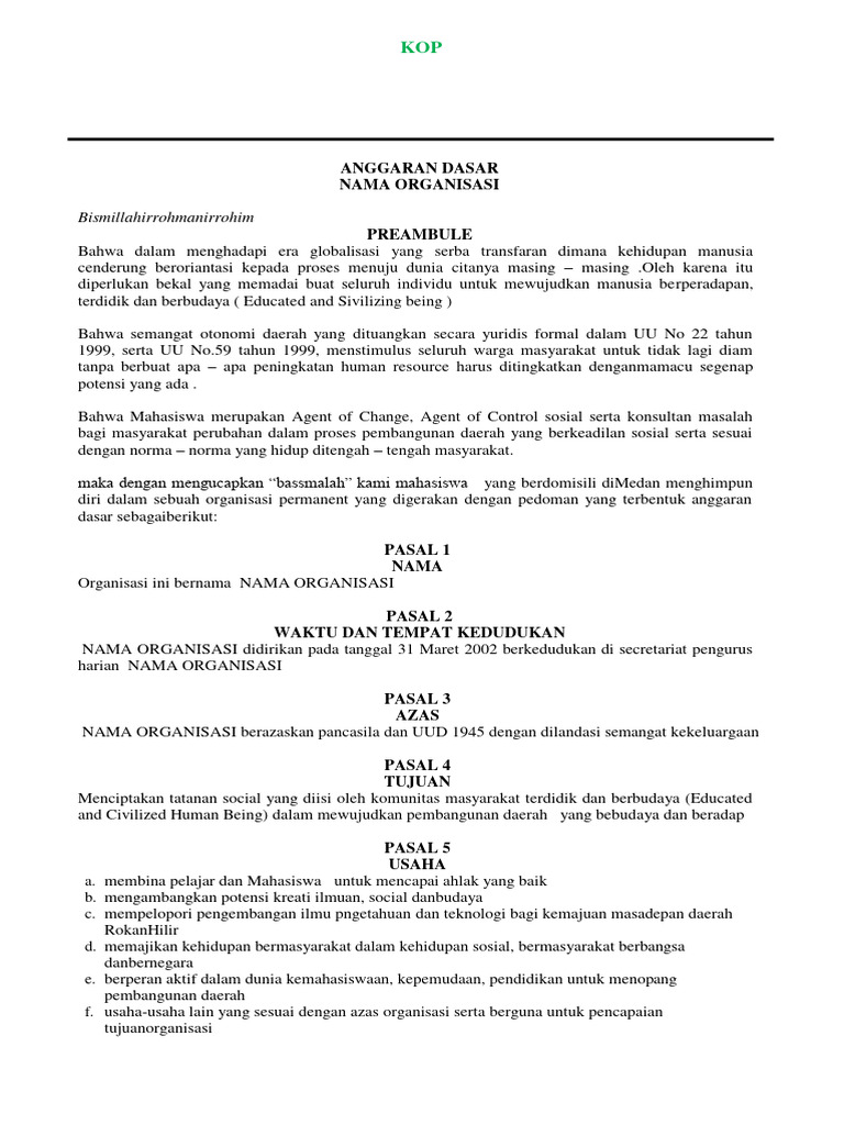 Contoh Anggaran Dasar Organisasi | PDF