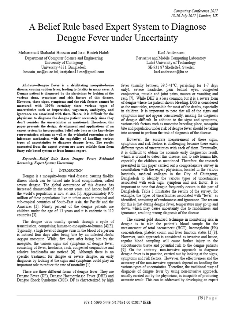 A Belief Rule Based Expert System To DiagnoseDengue Fever Under Uncertainty 2017 MODEL | PDF ...
