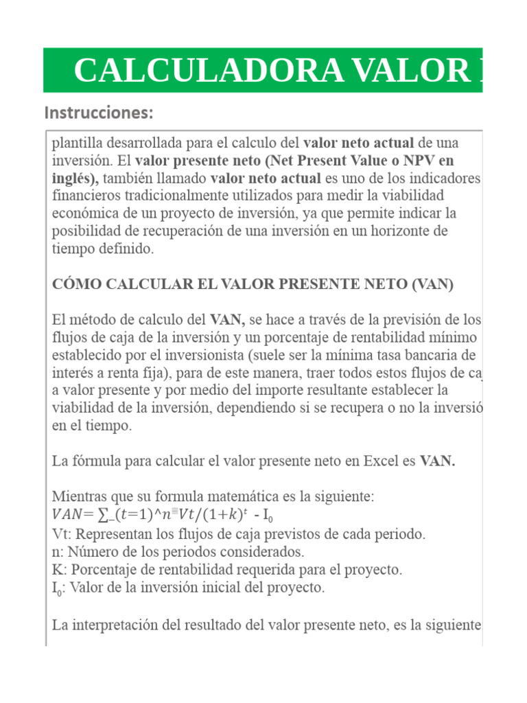Macro Calculo Valor Neto Actual VAN | PDF | Valor presente neto | Economias