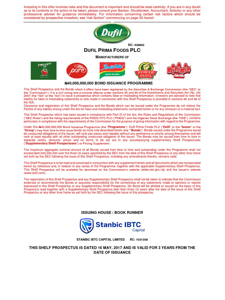 Dufil Prima Foods PLC Shelf Prospectus VExecuted | PDF | Bonds (Finance ...