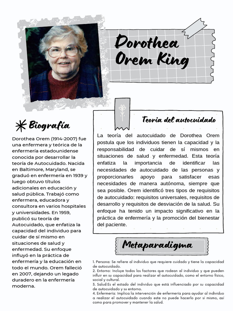 Biografía de Dorothea Orem y su teoría | PDF | Enfermería | Cuidado de ...