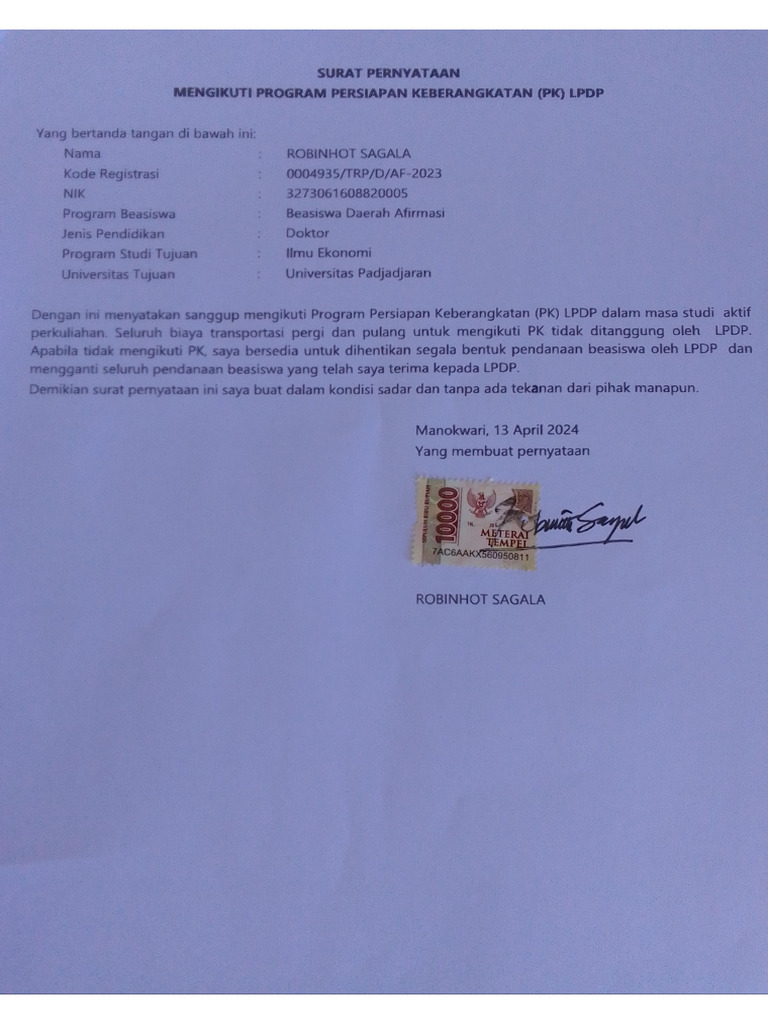 PK-230 I Tugas 003 - Surat Bersedia Mengikuti PK Robinhot | PDF