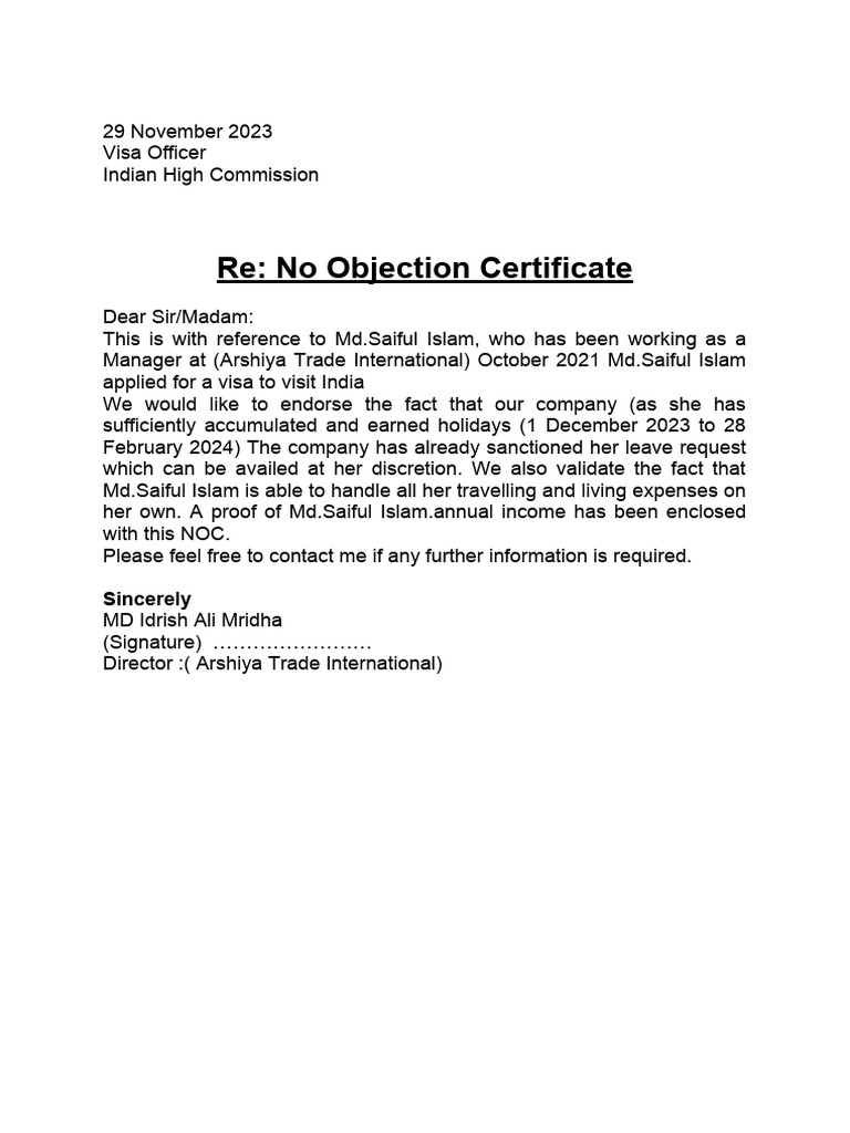 NOC Letter for Indian Visa Application | PDF