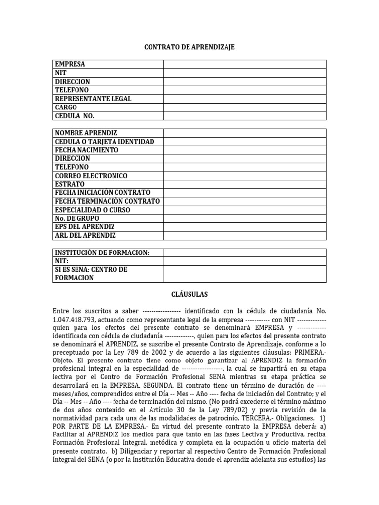 Modelo Contrato Aprendizaje | PDF | Derecho laboral | Documento de identidad