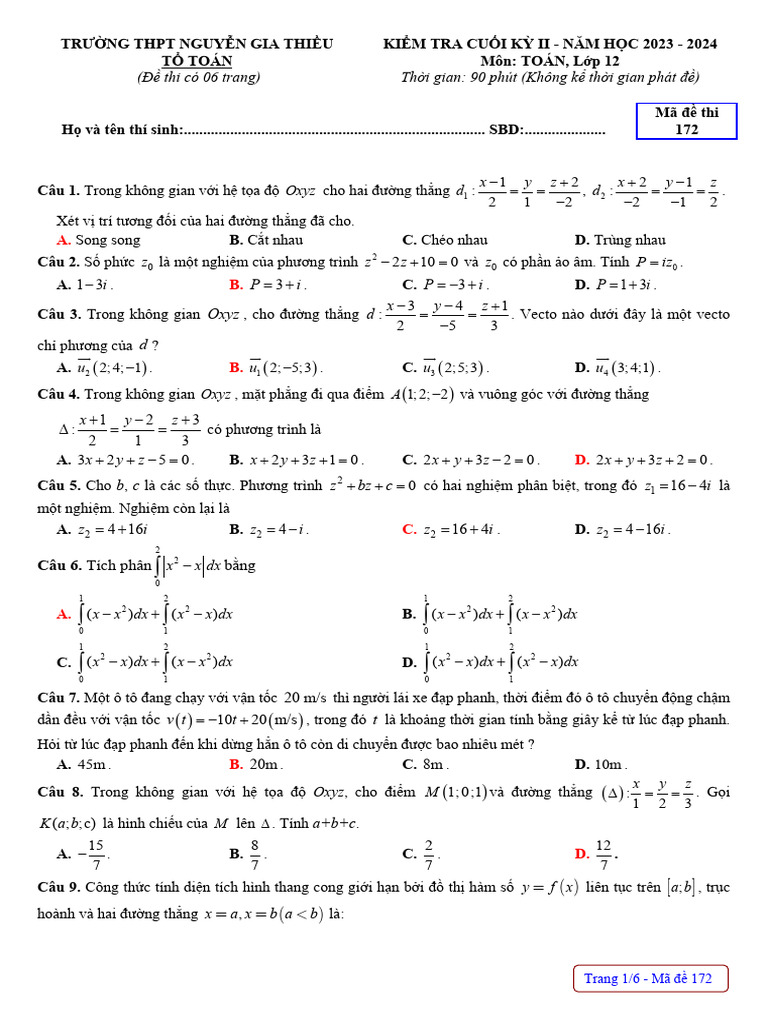 De Cuoi Ky 2 Toan 12 Nam 2023 2024 Truong THPT Nguyen Gia Thieu Ha Noi | PDF