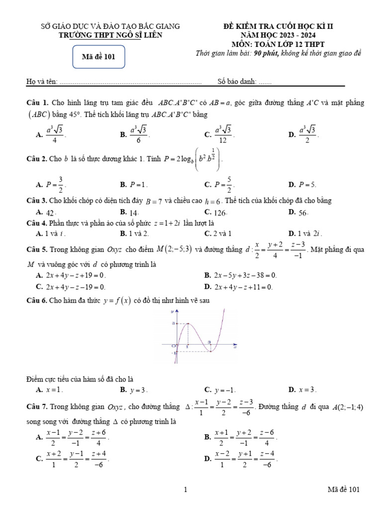 De Cuoi Hoc Ki 2 Toan 12 Nam 2023 2024 Truong THPT Ngo Si Lien Bac Giang | PDF