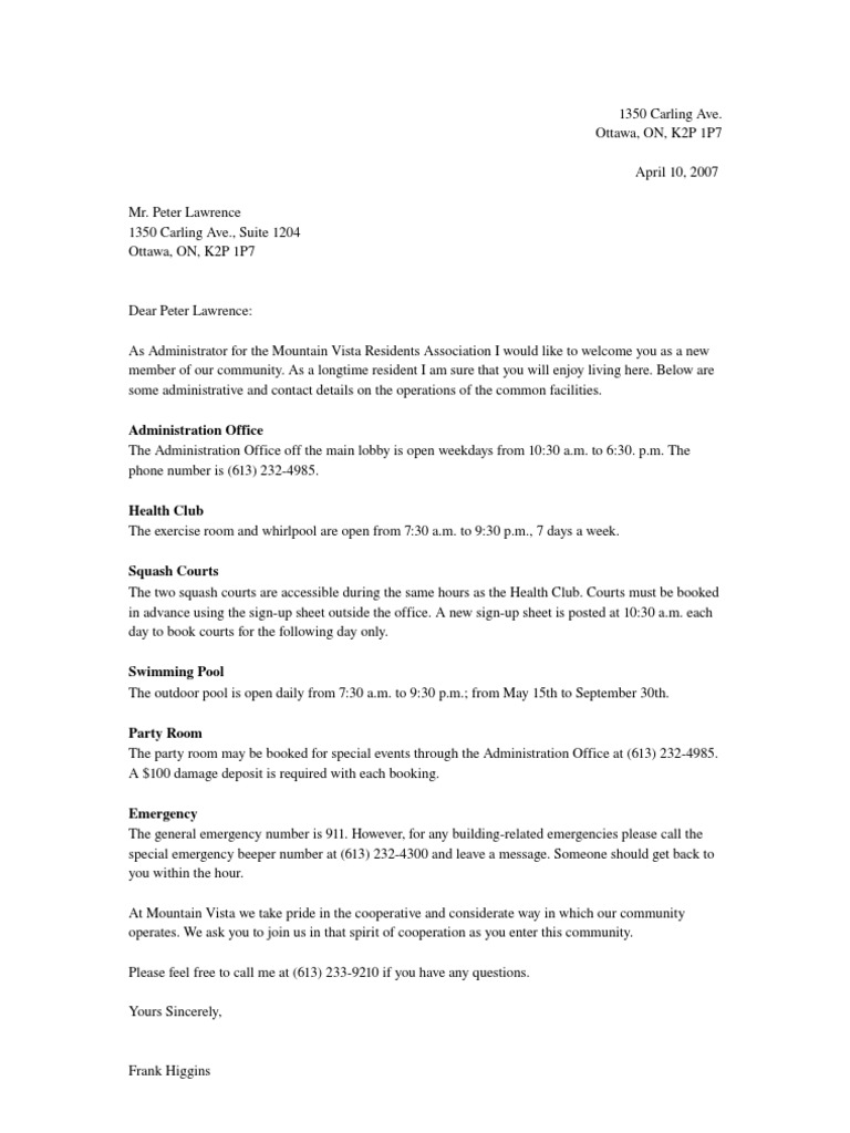 Letter of Welcome - To a New Community Member