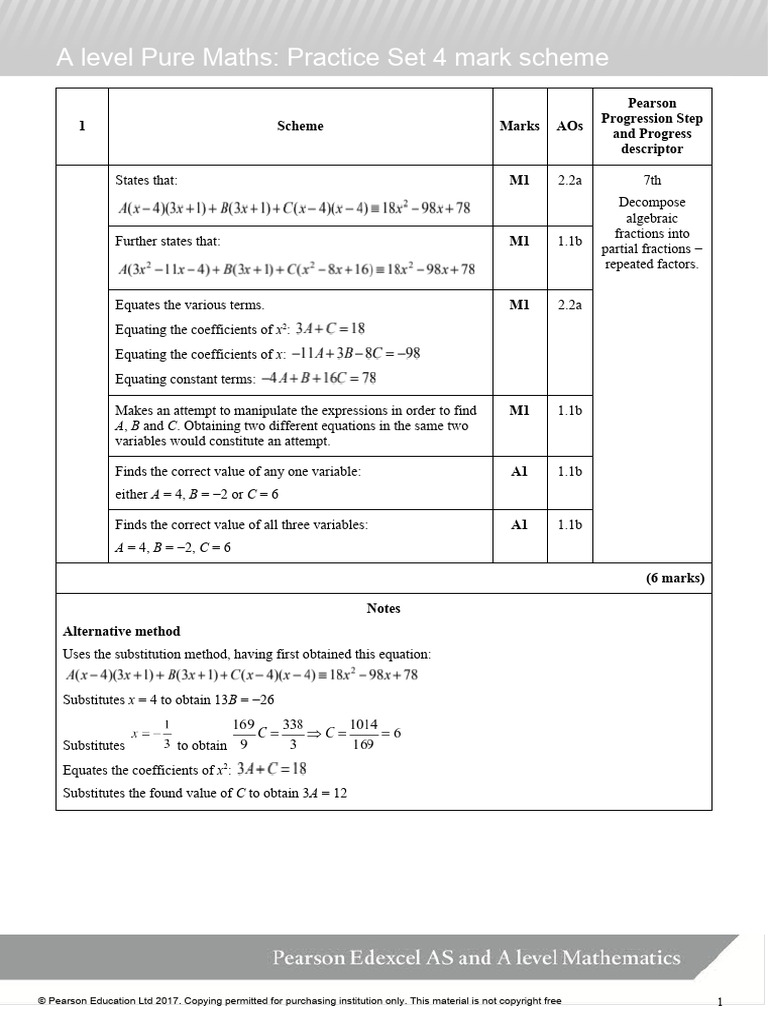 04 9MA0 01 9MA0 02 A Level Pure Mathematics Practice Set 4 Mark Scheme | PDF | Equations ...