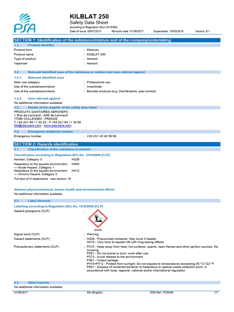 4 - Kilblat 250 - FDS en 2017 - V6.1 | PDF | Magnesium | Dangerous Goods
