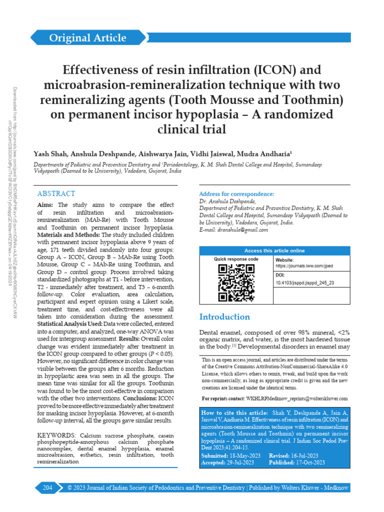 Effectiveness of Resin Infiltration Icon And.5 | PDF | Dentistry | Tooth