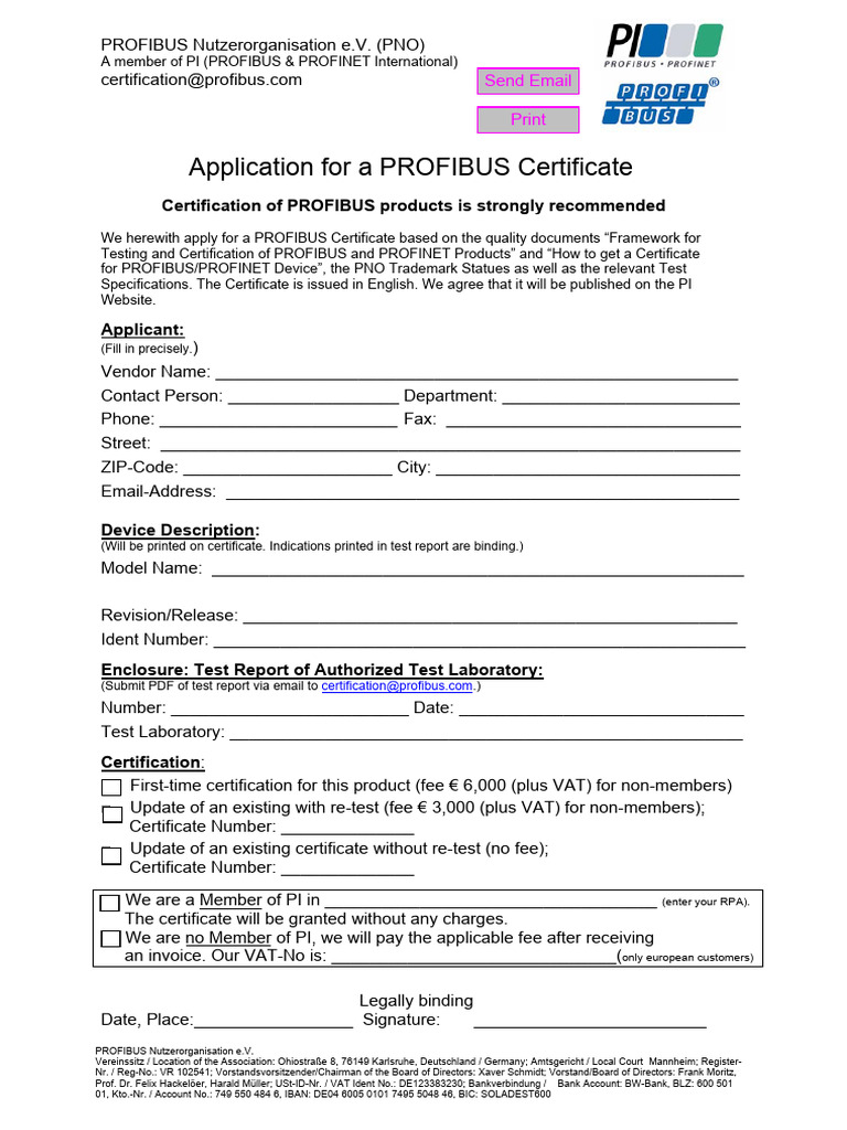 PI Application Form Certification PROFIBUS Apr23 | PDF