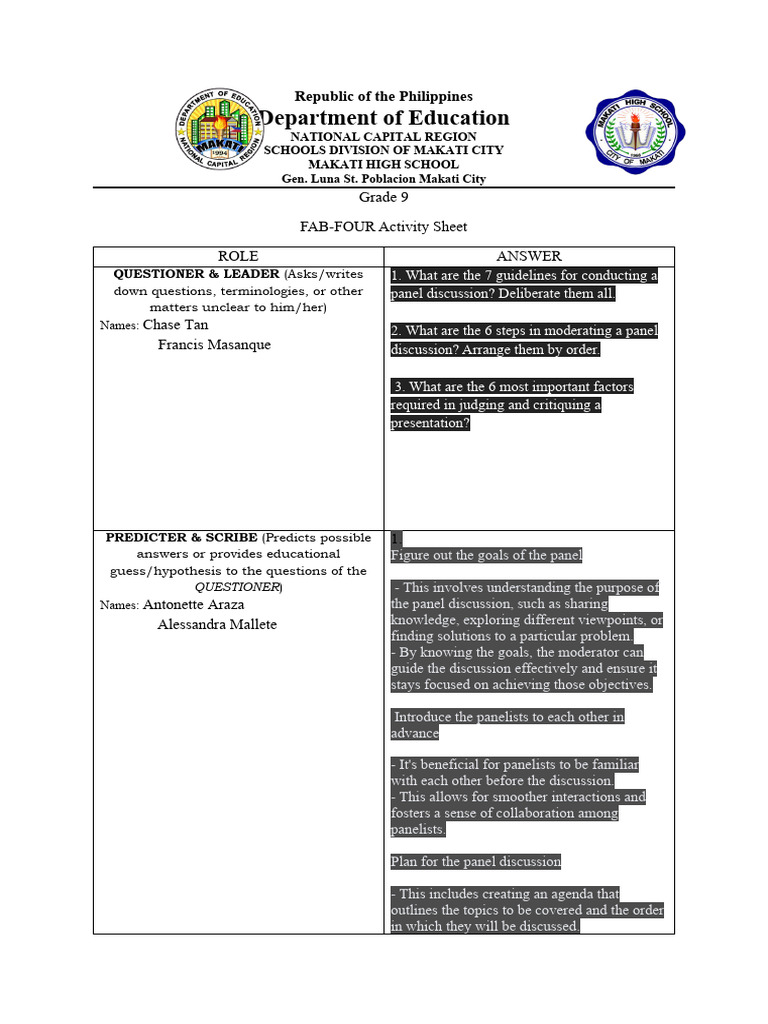 Department of Education: Grade 9 FAB-FOUR Activity Sheet Role Answer ...