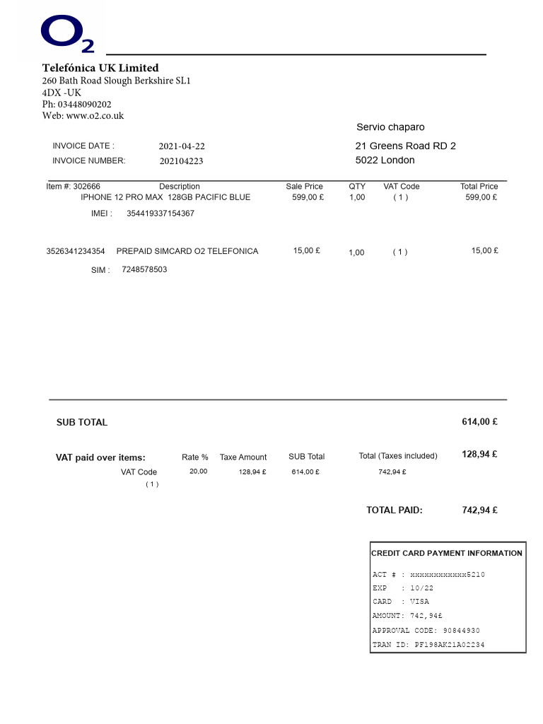 Invoice O2 | PDF | Value Added Tax | Invoice