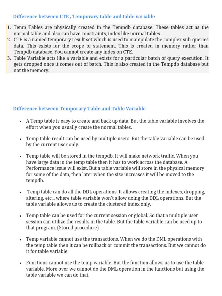 3 Differnce Bt Cte Temp Table And Table Variable Pdf Database Index