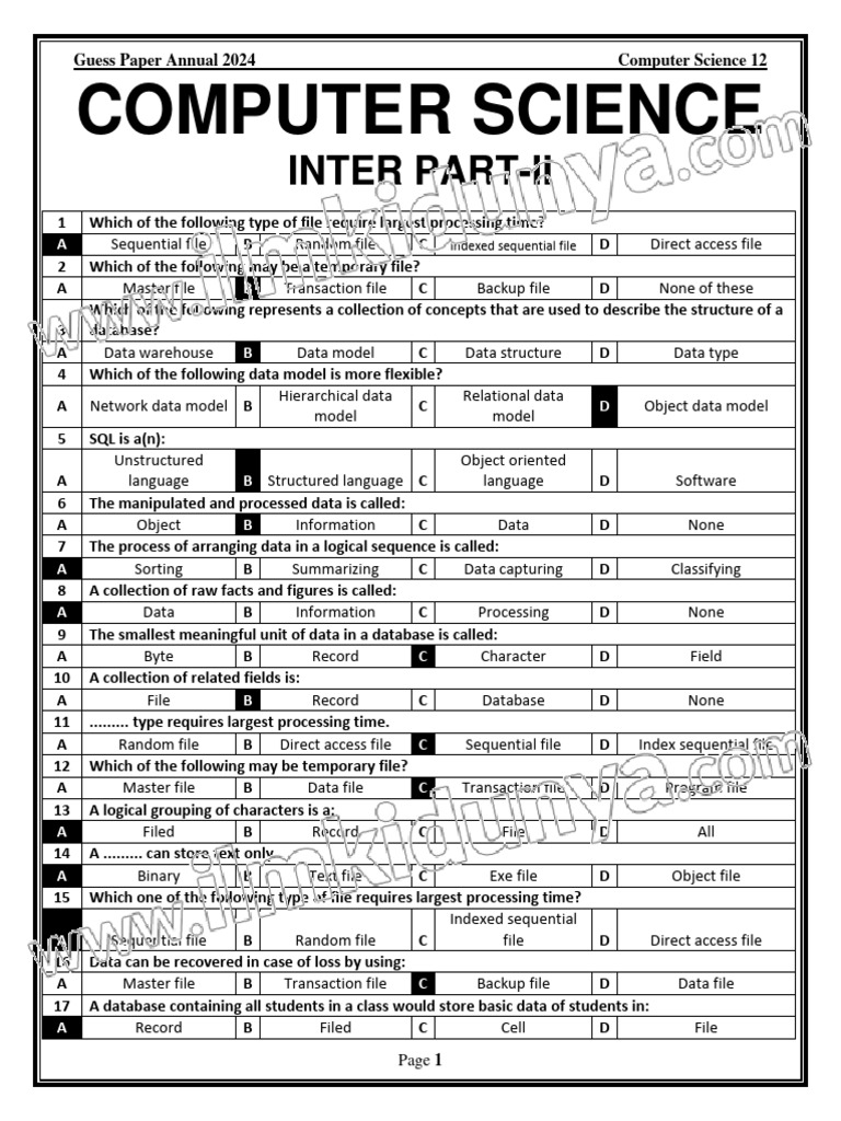 12th Class Guess Papers 2024 Com Mcqs | PDF | Databases | Relational Model