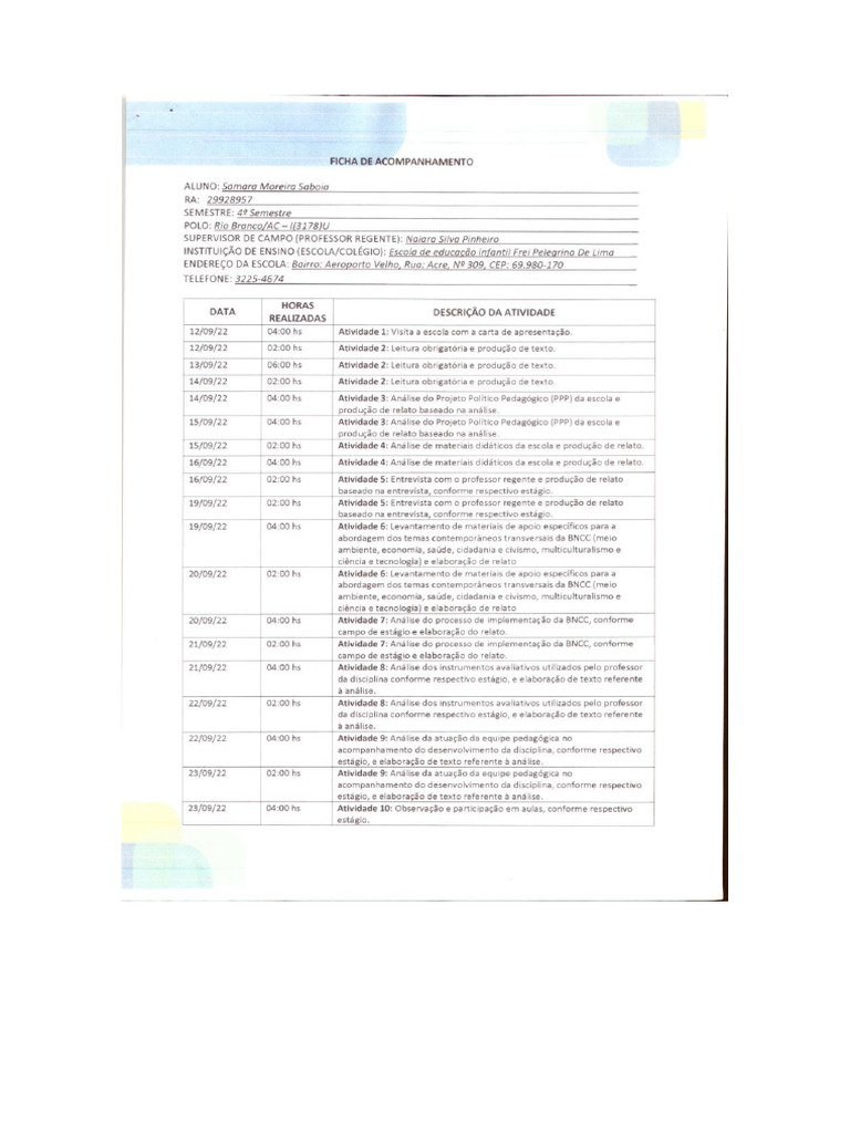 Ficha de Acompanhamento de Estágio Assinada | PDF