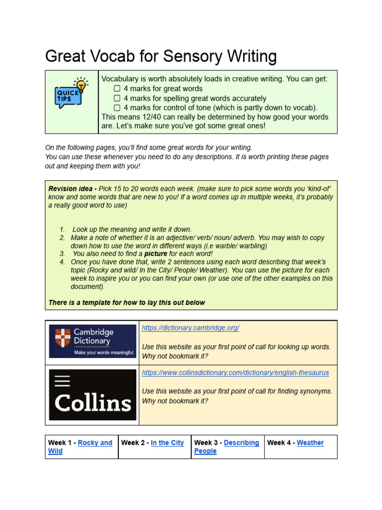Sensory Vocabulary for Creative Writing | PDF | Vocabulary | Word