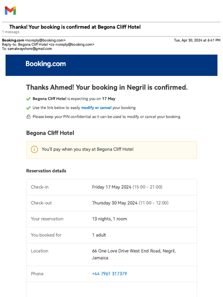Gmail - ? Thanks! Your Booking Is Confirmed at Begona Cliff Hotel | Download Free PDF | Booking ...