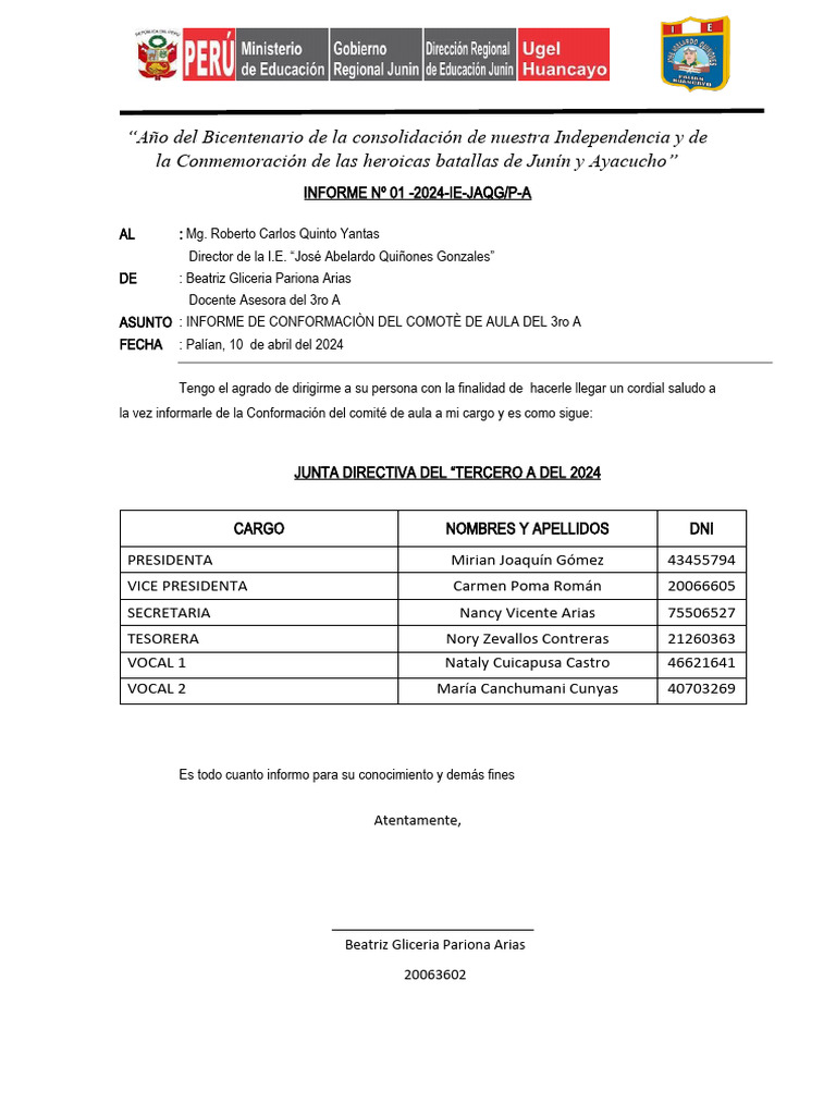 Informe sobre Comité de Aula 3ro A 2024 | PDF