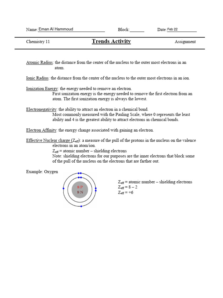 Atomic Trends Assignment | PDF | Ion | Ionic Bonding