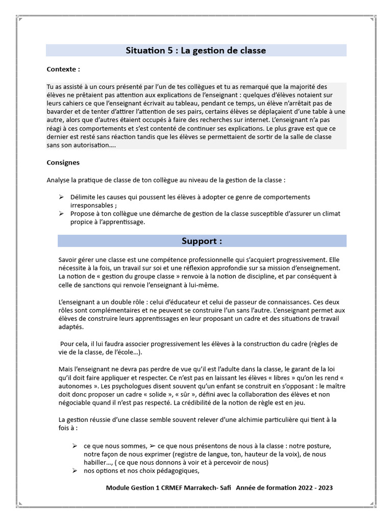 Situation 5 La Gestion de Classe | PDF | Pédagogie | Concept de psychologie