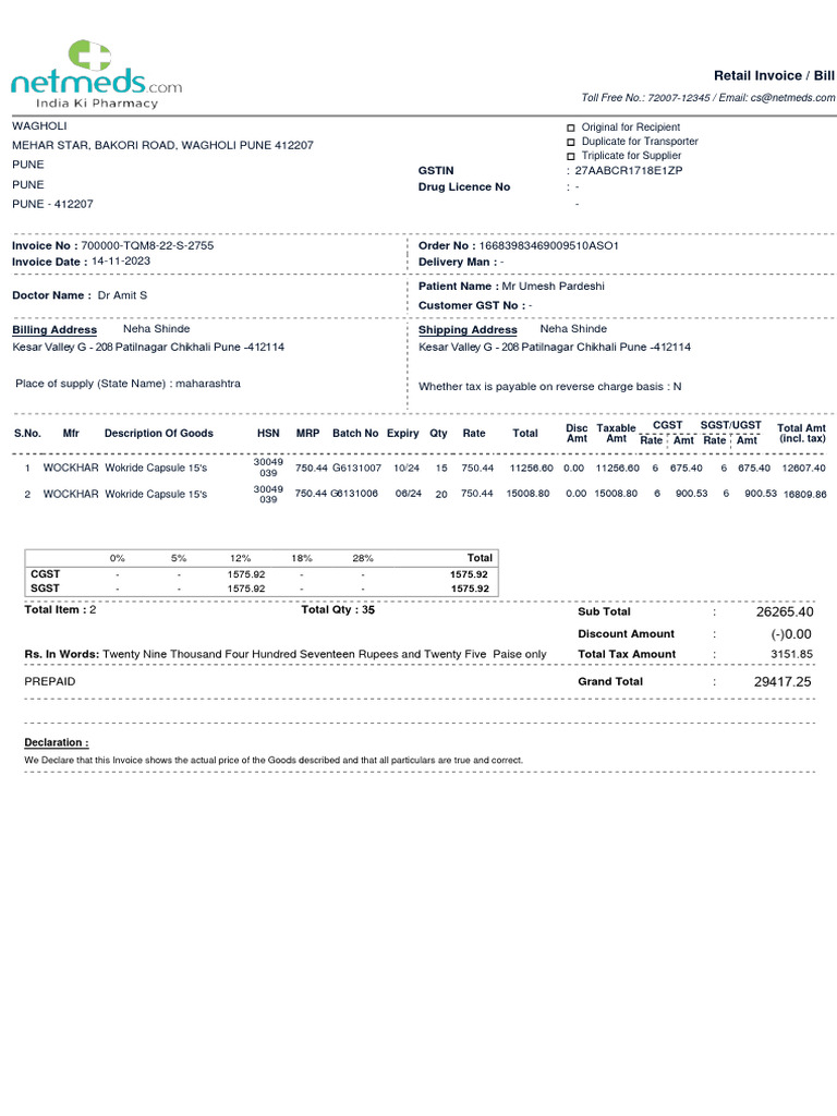 Netmeds Bill 2024 | PDF | Invoice | Economies