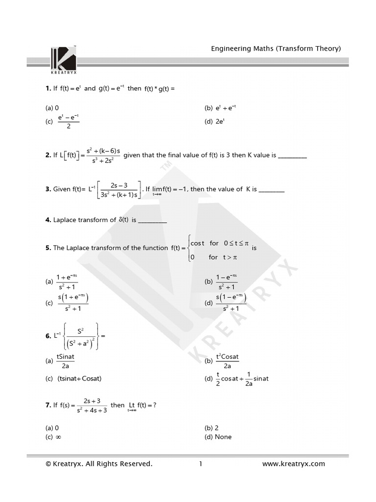 Prac Ques - Chapter 7 - Transform Theory | PDF | Laplace Transform ...