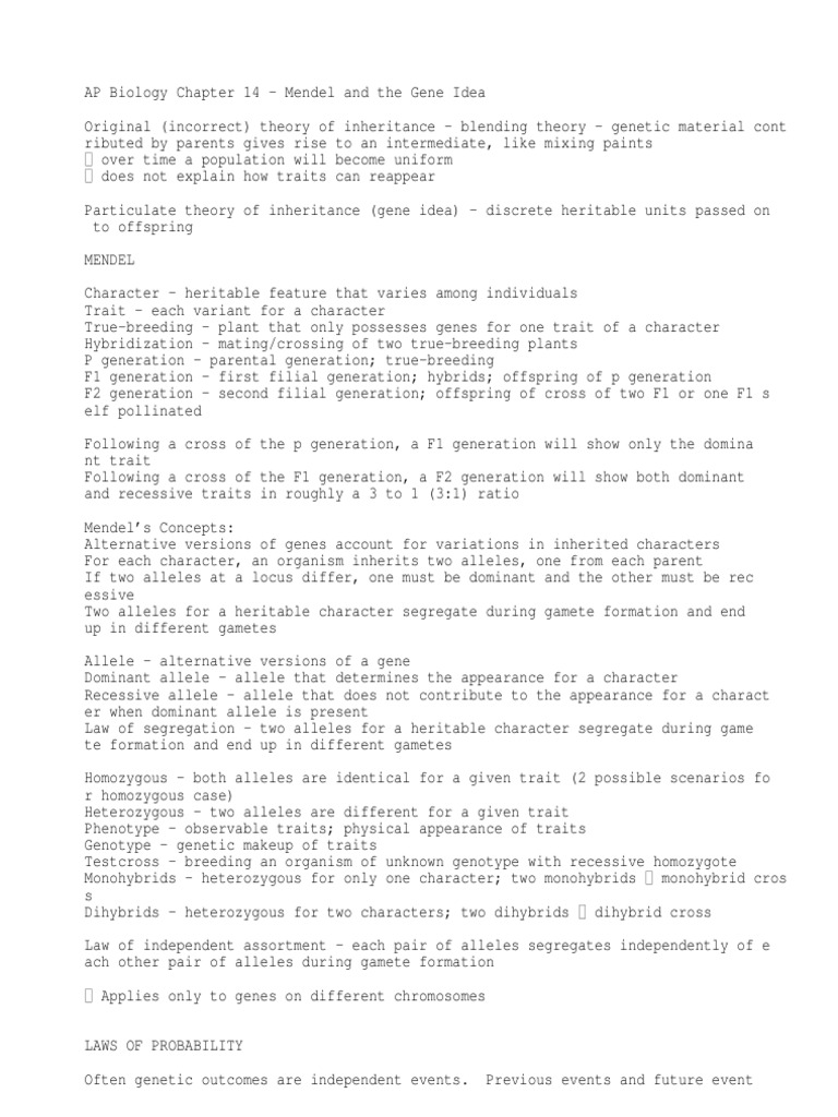 AP Biology Chapter 14 - Mendel and The Gene Idea | PDF | Dominance ...