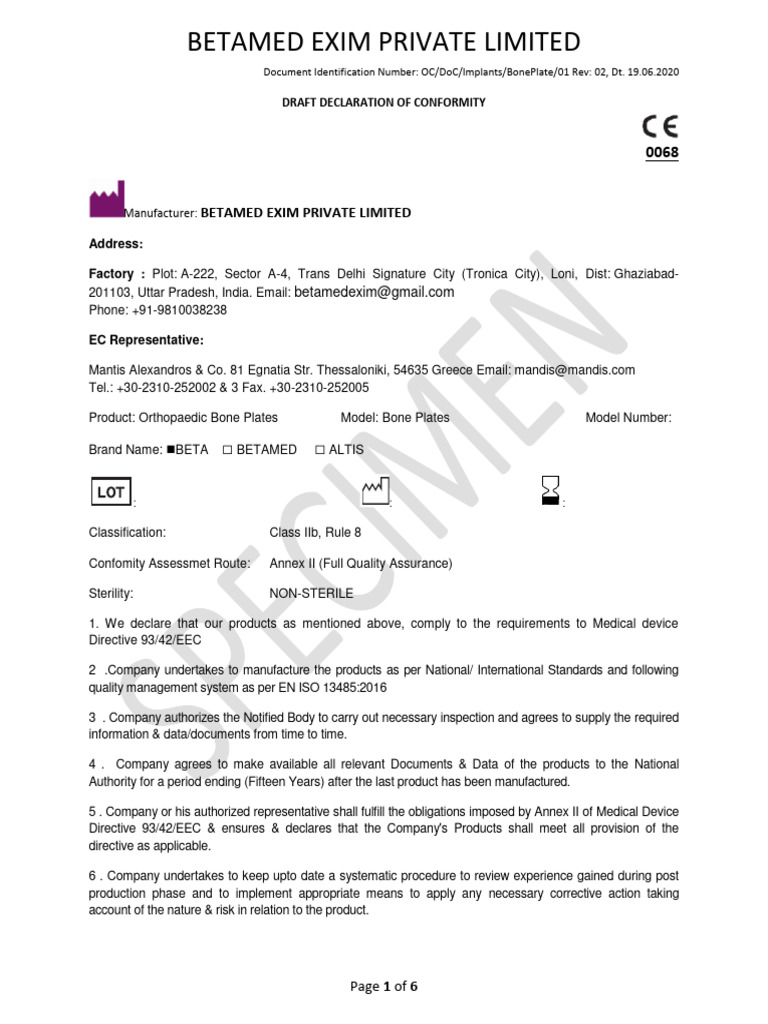 Declaration of Conformity Plate | PDF | Anatomical Terms Of Location | Hip