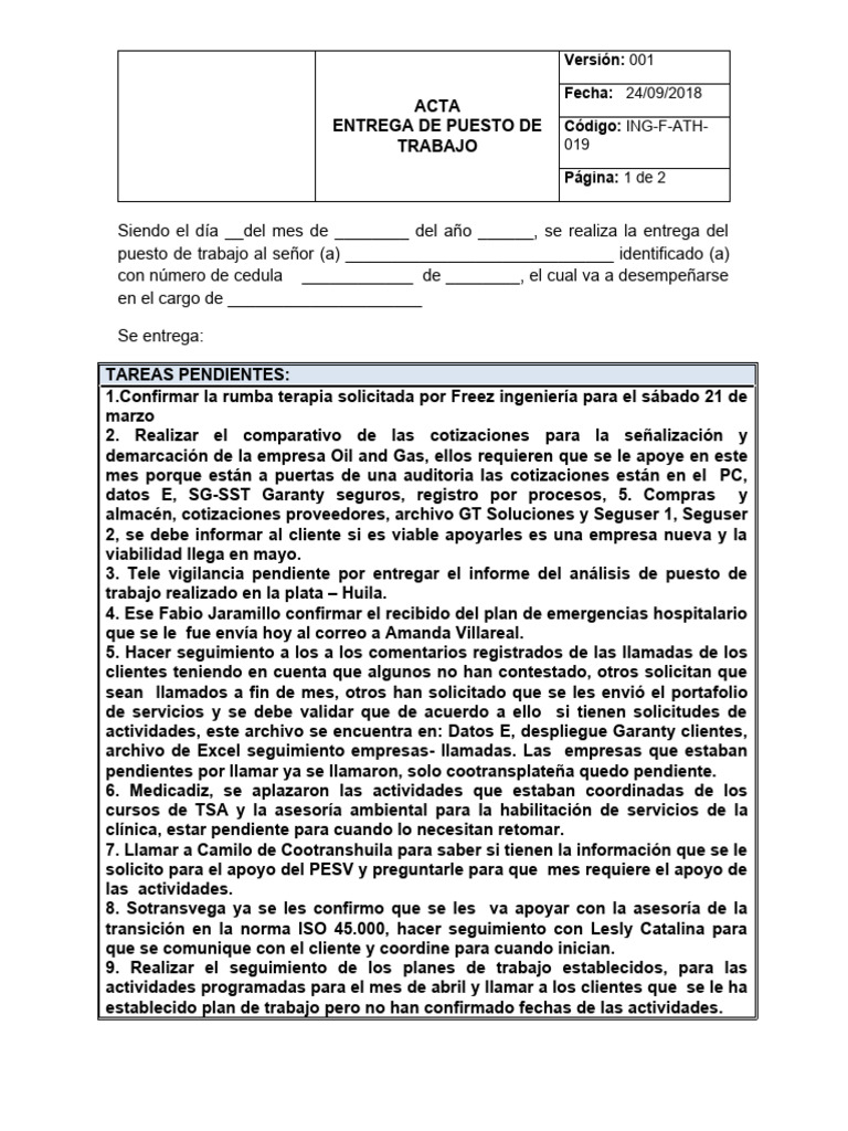 Gs-f-Ath-022 Acta de Entrega de Puesto de Trabajo v1 | PDF Gs-f-Ath-022 Acta de Entrega de Puesto de Trabajo v1 | PDF