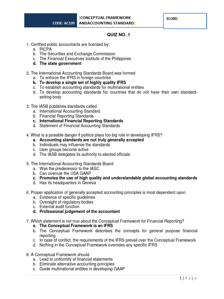 CFAS - QUIZ 1 Guide | PDF | International Financial Reporting Standards | Going Concern