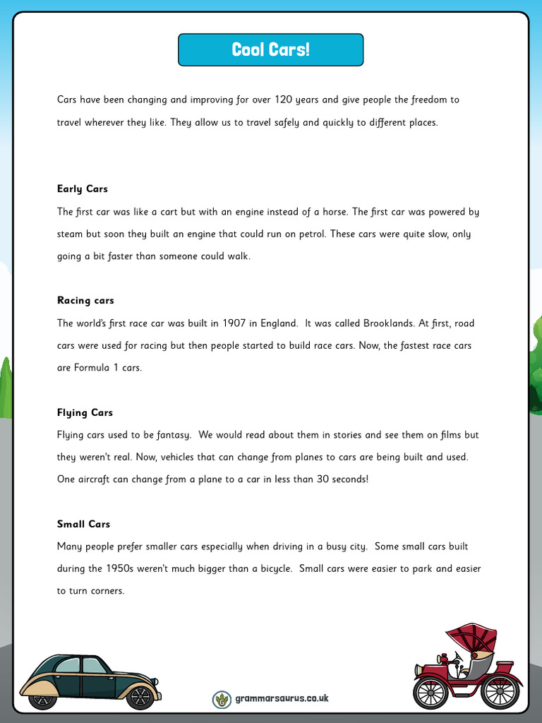 Cool Cars - Year 1 Comprehension | PDF | Car | Auto Racing