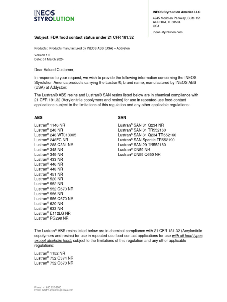 FDA Food Contact Status - Addyston Lustran NA | PDF | Law | Home & Garden