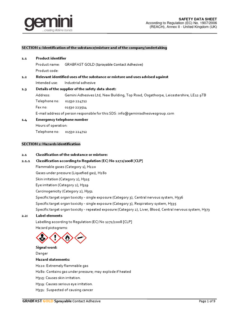 Grabfast Gold Sds 2015 - 67940978 | PDF | Toxicity | Occupational ...