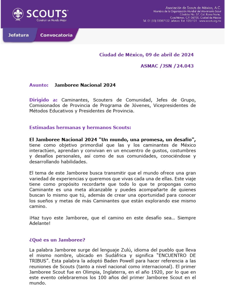 Comunicado ASMAC JSN 24.043 Convocatoria Jamboree 2024 | PDF | Exploración