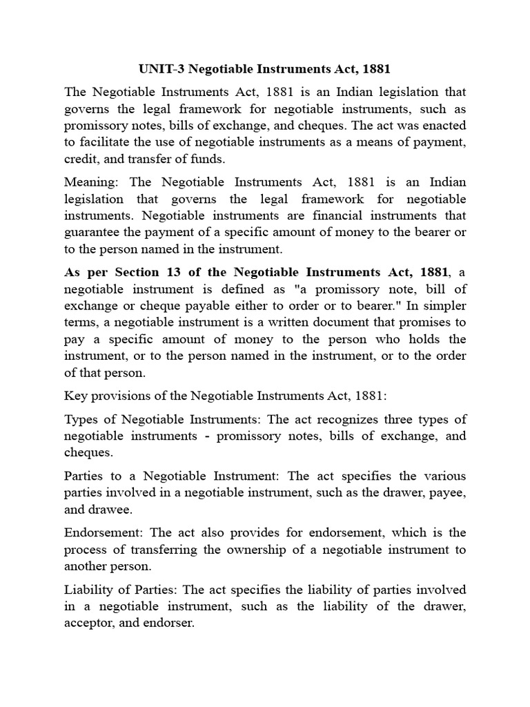 Negotiable Instrument Act Unit 3 | PDF | Negotiable Instrument | Cheque