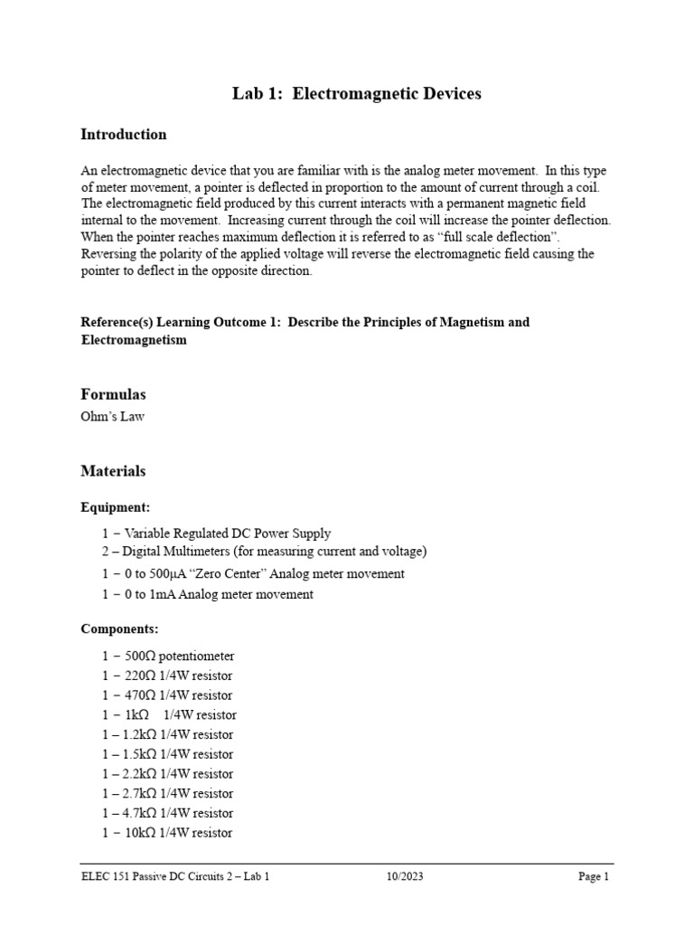 ELEC-151 Lab 01 - 2023 | Download Free PDF | Resistor | Electrical Network