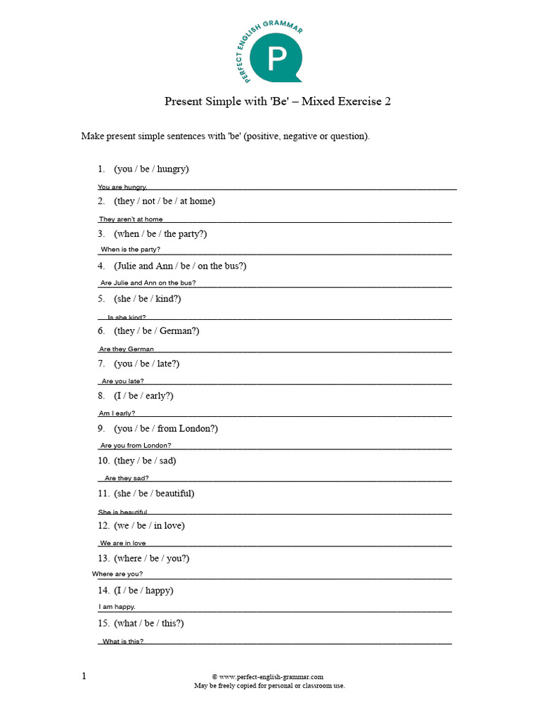 Present Simple 'Be' Mixed Exercises | PDF | Linguistics
