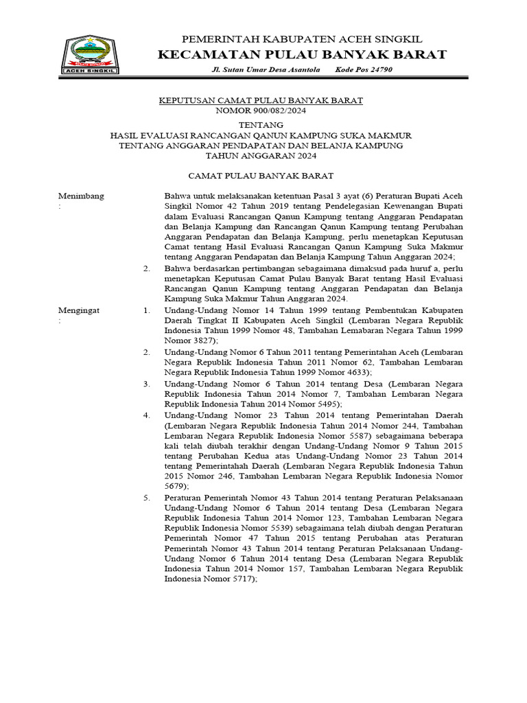 Kep. Camat TTG Hasil Evaluasi Raperkam APBKam 2024 | PDF