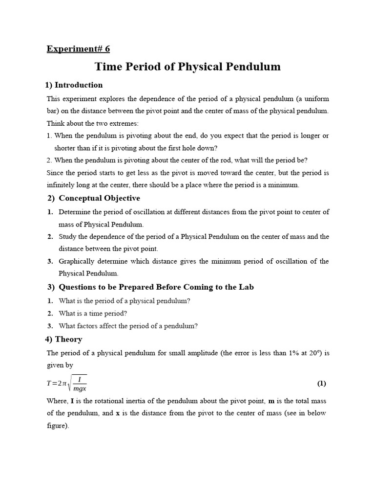 Experiment 6 - Time Period of Physical Pendulum | PDF | Pendulum | Mass
