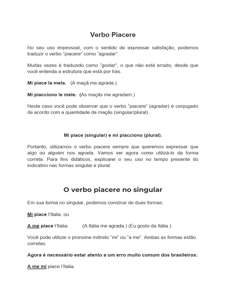 Uso do Verbo Piacere em Italiano | PDF | Plural | Linguística