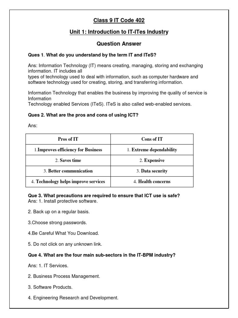 Class 9 IT: Introduction to IT-ITES Industry | PDF | Educational ...